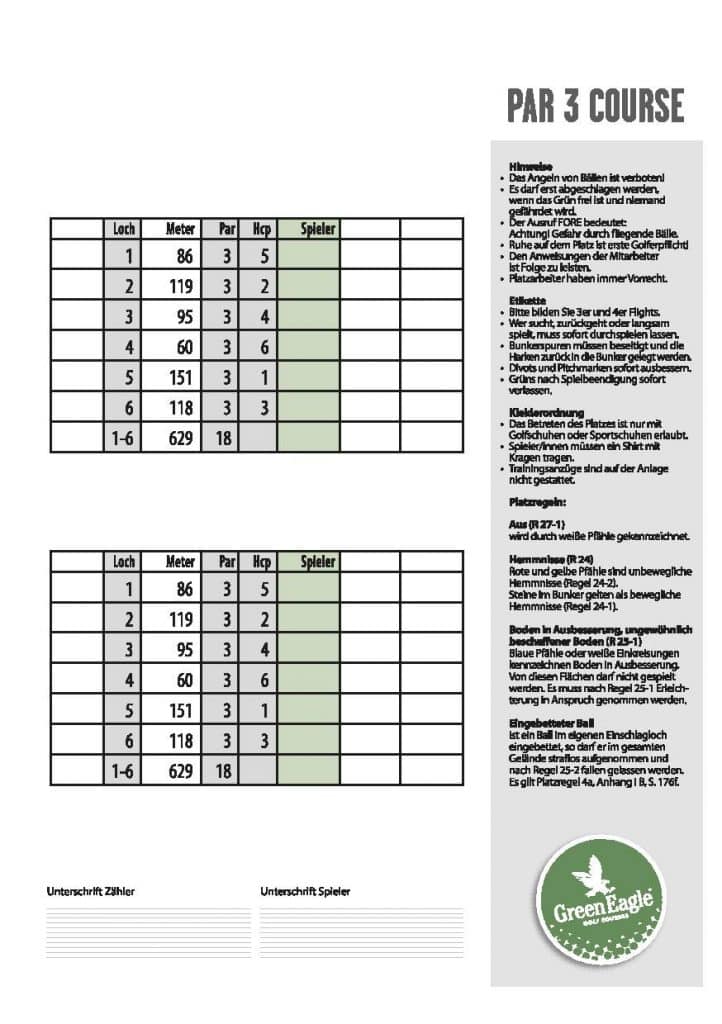 Green Eagle Golf Courses Scorekarte Par 3 Course - Green Eagle Golf Courses